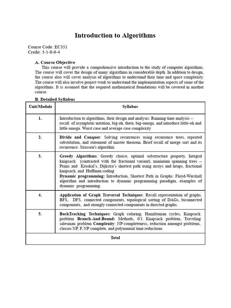Intoduction To Algorithms Syllabus | PDF Intoduction To Algorithms Syllabus | PDF