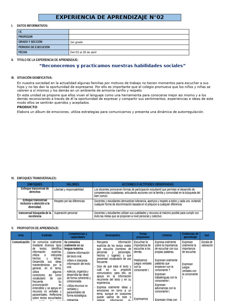 1° Grado - Experiencia de Aprendizaje #02 | PDF