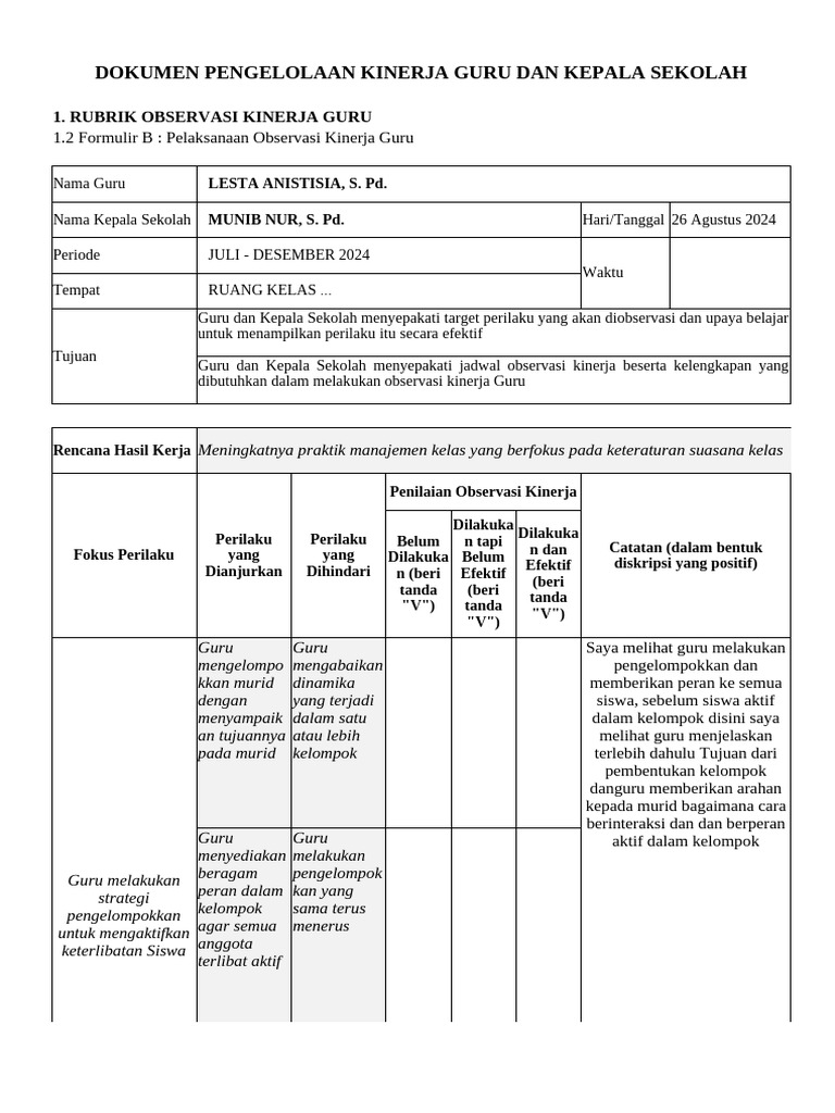 Form Observasi Guru (Form B) - Oneros | PDF