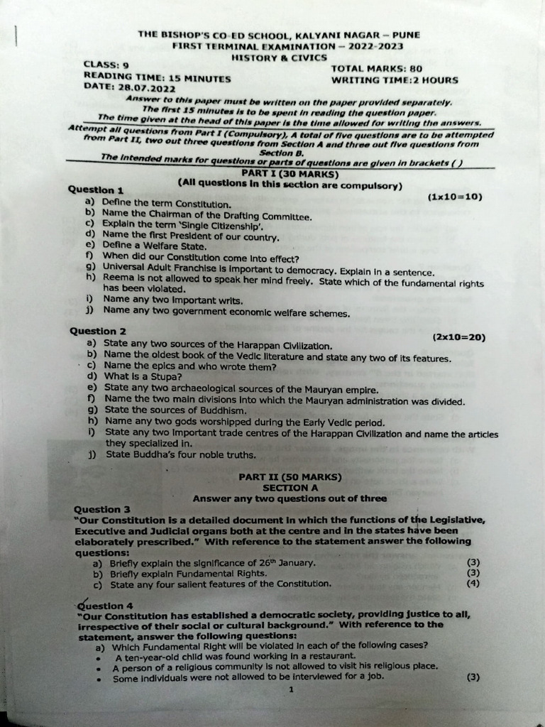 Class 9 History and Civics Question Paper | PDF