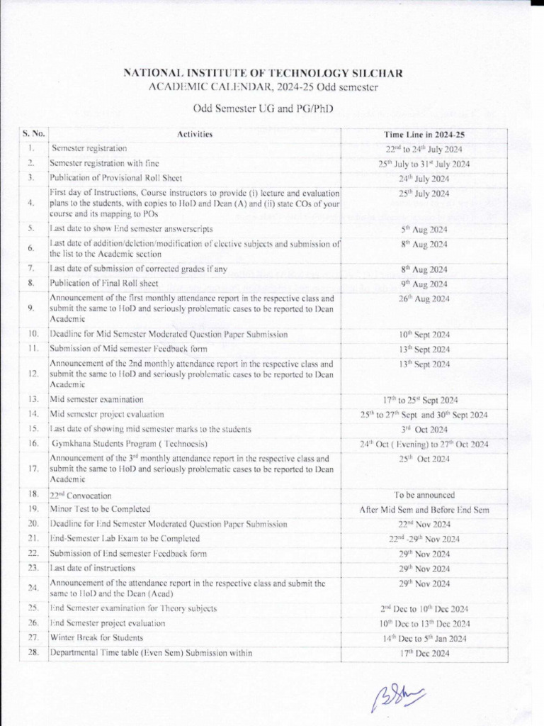 Academic Calendar 2024-25 Odd Semester | PDF
