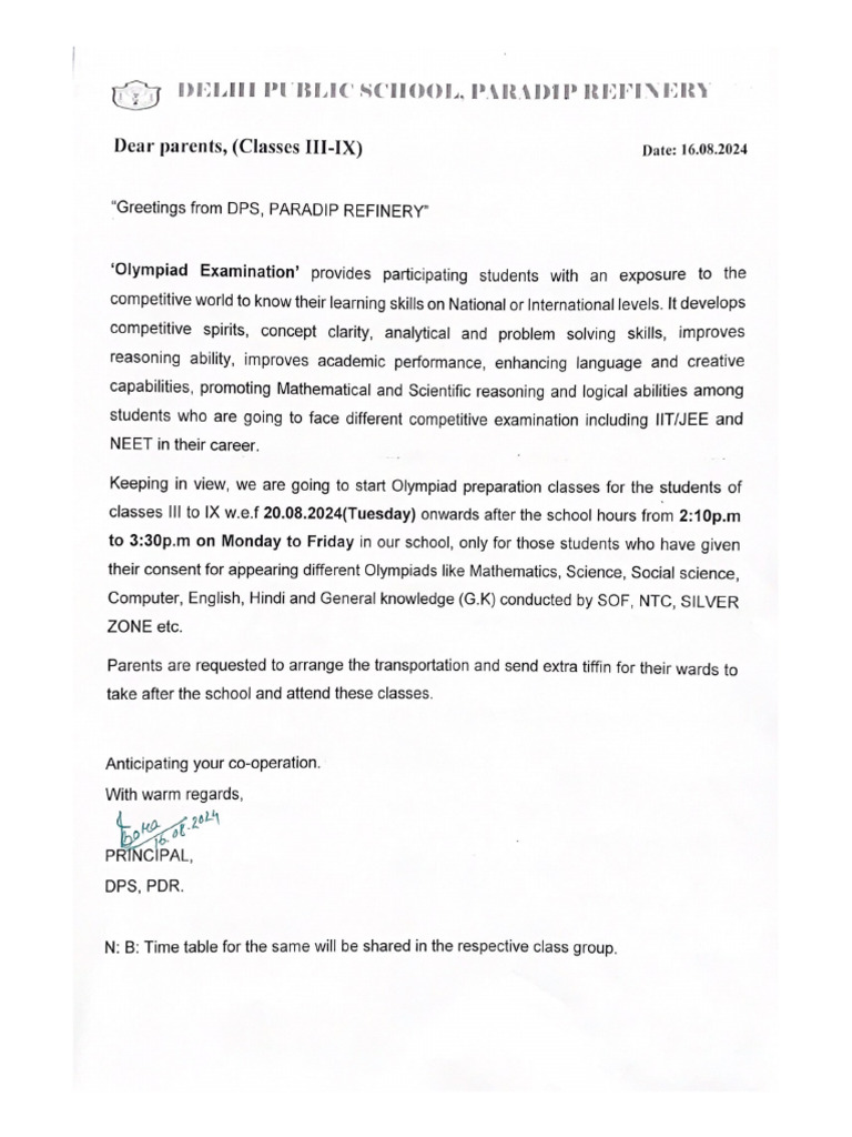 Notice For Olympiad Classes | PDF