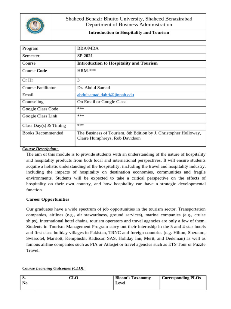 Intro Tourism - Course Outline | PDF | Tourism