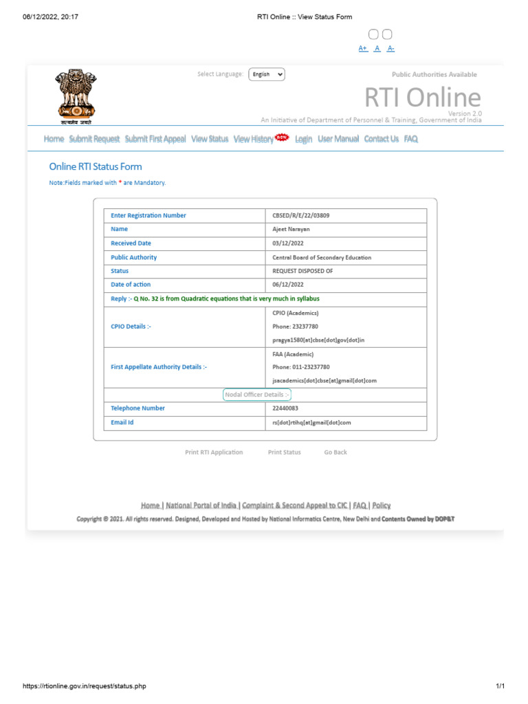 RTI Online - View Status Form | PDF