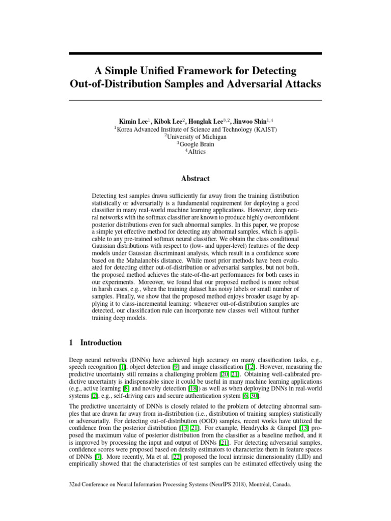 Neurips 2018 A Simple Unified Framework For Detecting Out Of Distribution Samples And