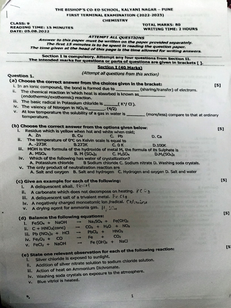 Class 9 Chem Question Paper | PDF