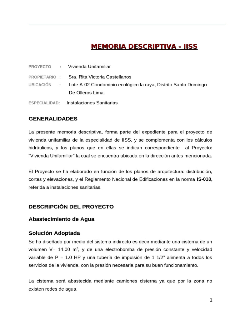 Memoria Descriptiv IISS Casa de Campo | PDF | Bomba | Agua