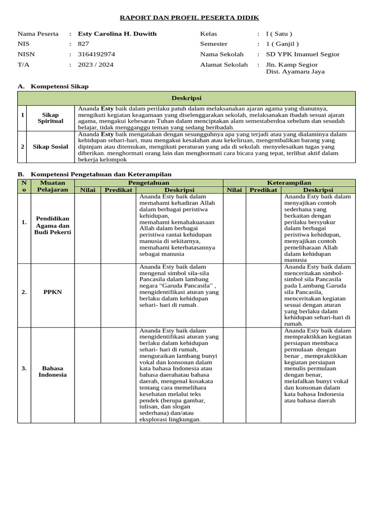 Raport Kelas 1 Sem 1 | PDF