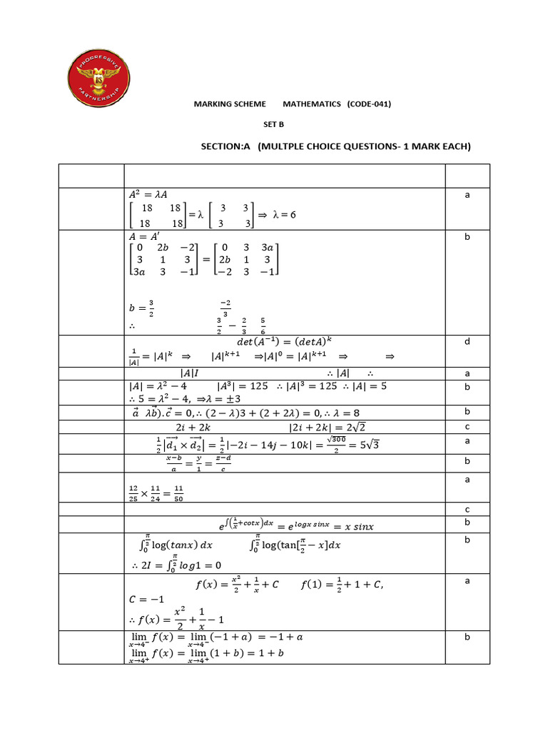 BSSCA Class XII Mathematics Marking Scheme | PDF | Mathematical ...