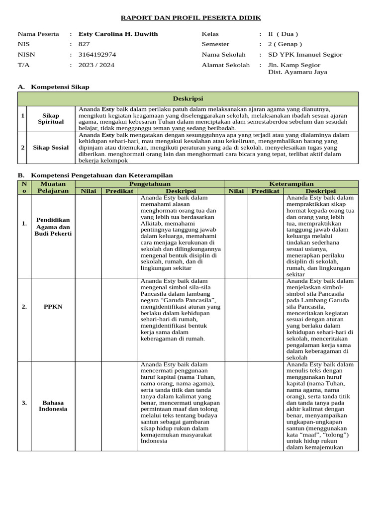Raport Kelas 2 Sem 2 | PDF