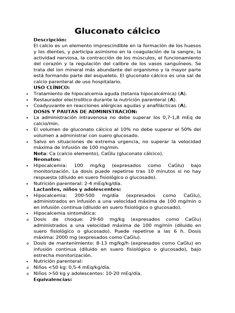 Uso y administración de gluconato cálcico | PDF | Calcio | Terapia ...