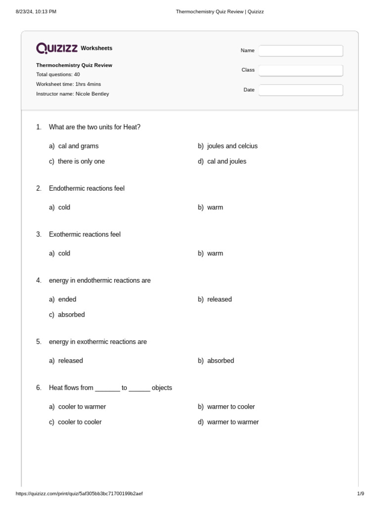 Thermochemistry Quiz Review - Quizizz | PDF