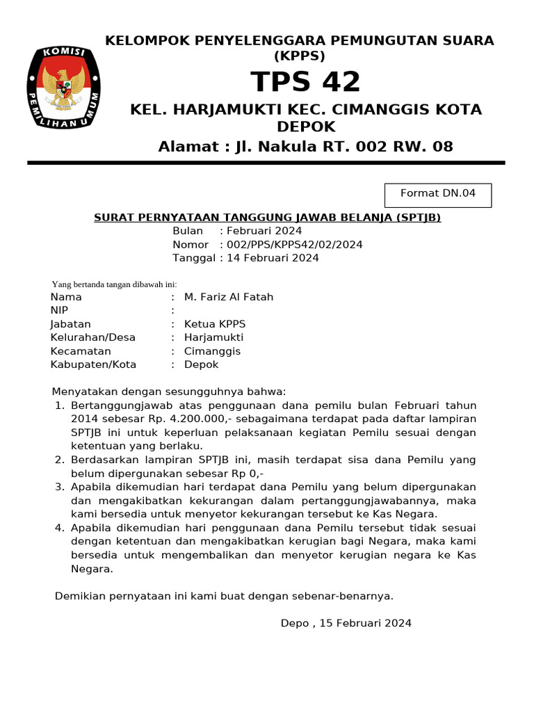 Format Halaman Awal SPTJB DN.04 TPS 42 | PDF