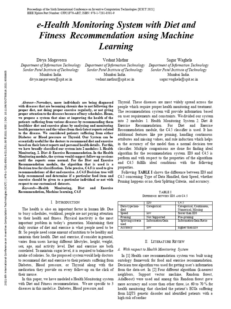 E-Health Monitoring System With Diet and Fitness Recommendation Using ...