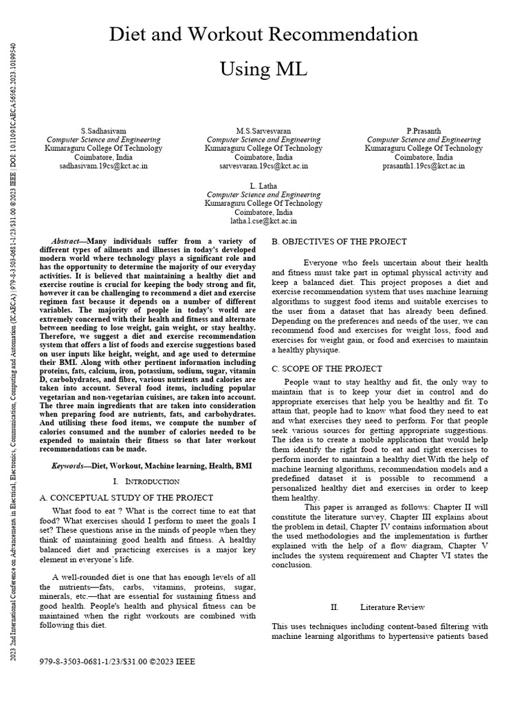 Diet and Workout Recommendation Using ML | PDF