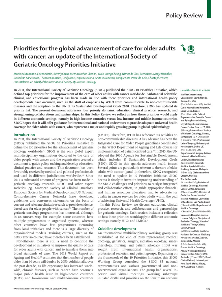 Policy Review: Lancet Oncol 2021 22: E29-36 | PDF