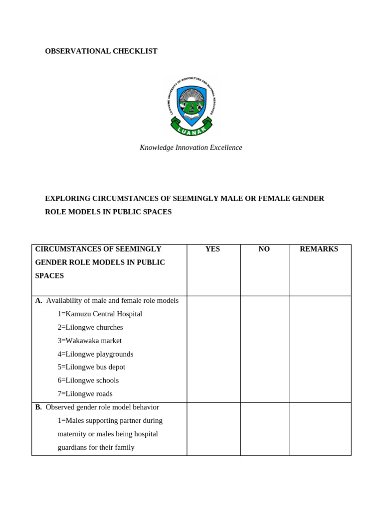Observational Checklist-Data Collection Tool-Gender Role Models | PDF