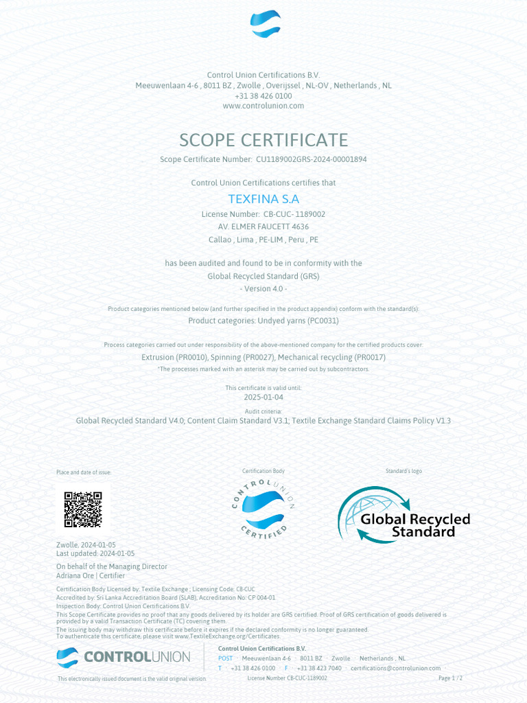 Certificado Grs Texfina s.a. | PDF