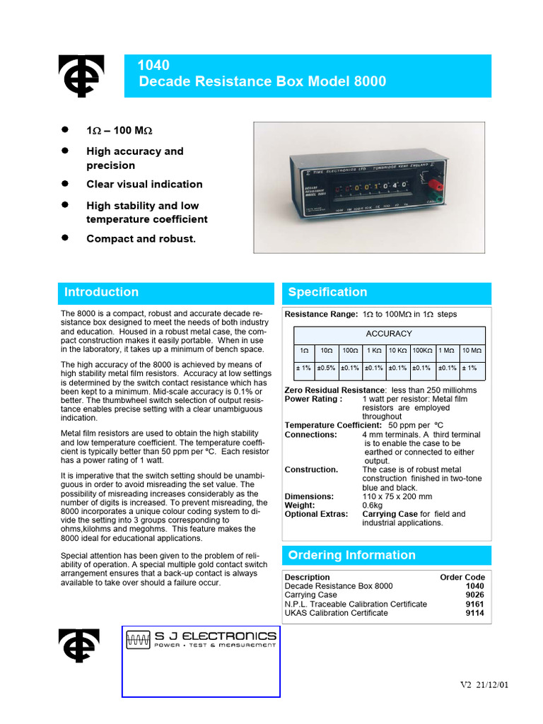 1040 Decade Resistance Box Model 8000 | PDF