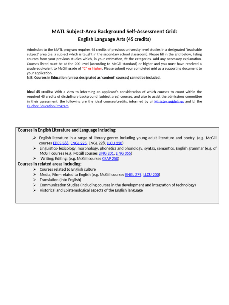 Ela Matl Self Assessment Grid Revisedjune2024 SMP | PDF
