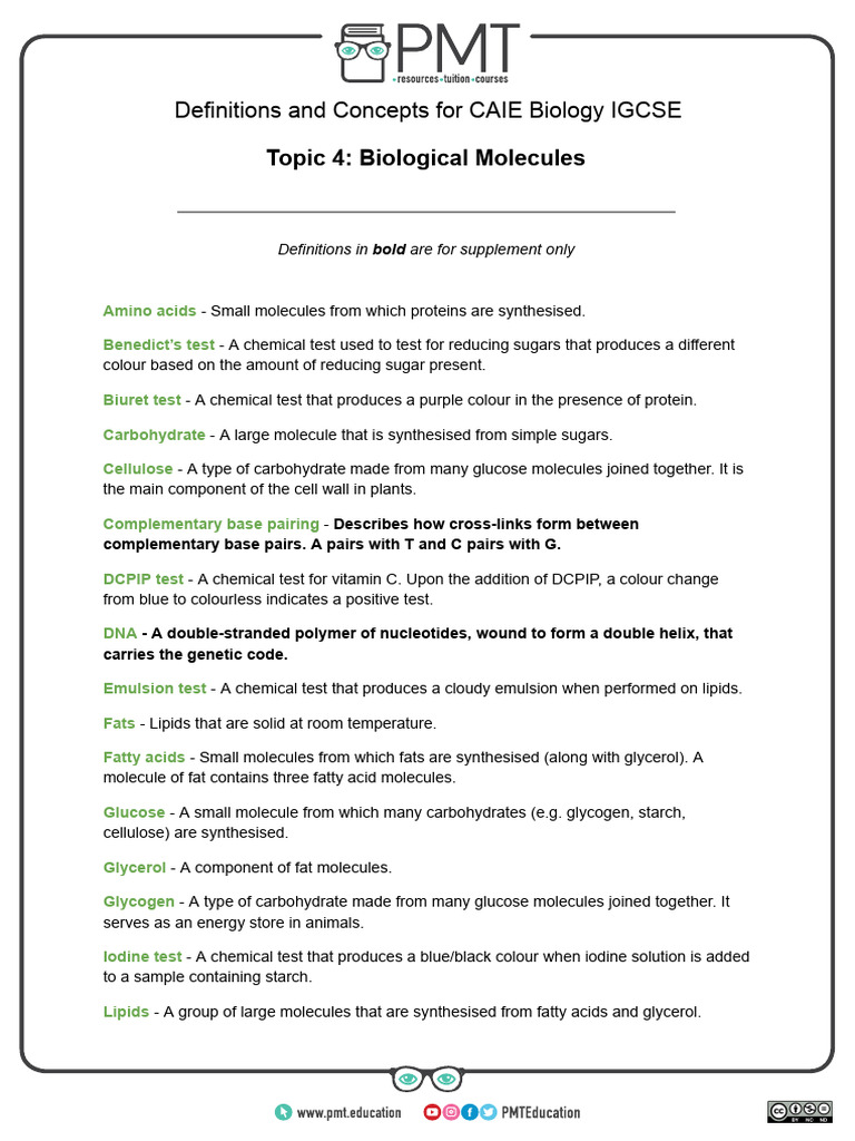 Definitions - Topic 4 Biological Molecules - CAIE Biology IGCSE | PDF