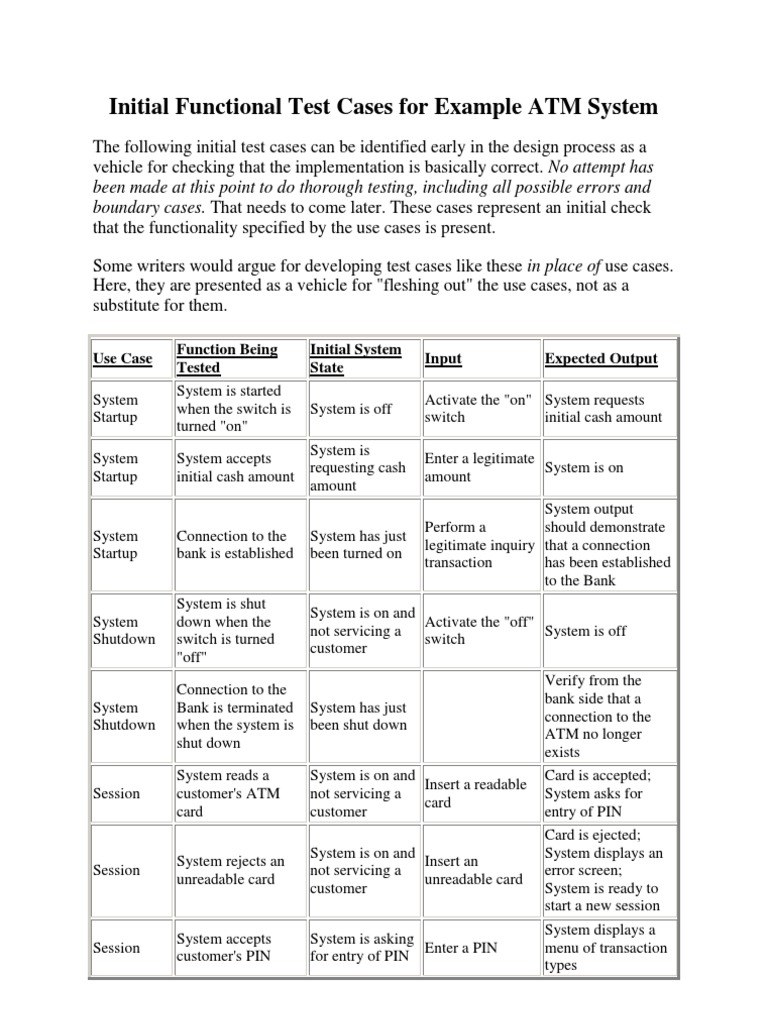 Initial Functional Test Cases For Example ATM System | PDF | Automated ...