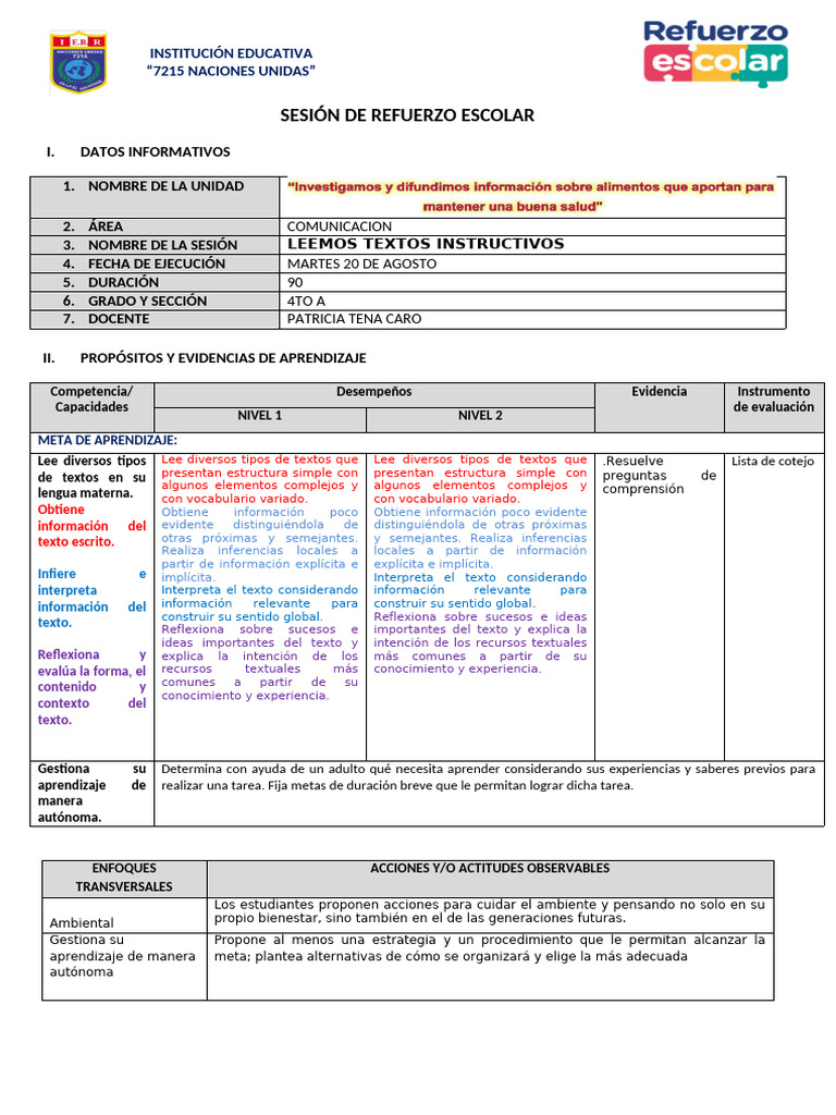 Sesion Refuerzo de Comunicación 4to A | PDF | Evaluación | Aprendizaje
