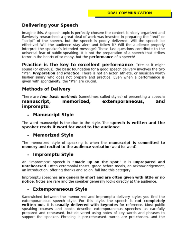 Types of Speeches and Speech Delivery | PDF