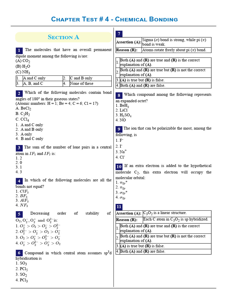 Chapter Test # 4 - Chemical Bonding | PDF | Chemical Bond | Science ...