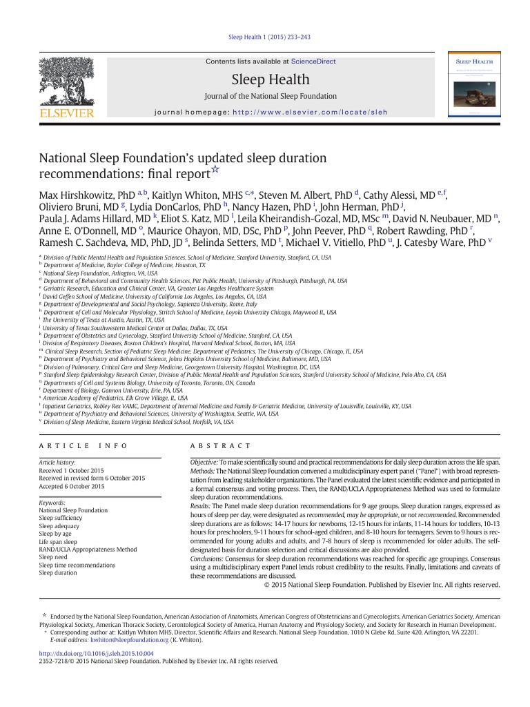Hirshkowitz 2015 - National Sleep Foundations Updated Sleep Duration Reccomendations Final ...