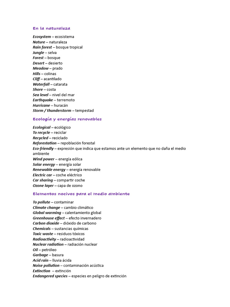 Vocabulario. Medio Ambiente. | PDF