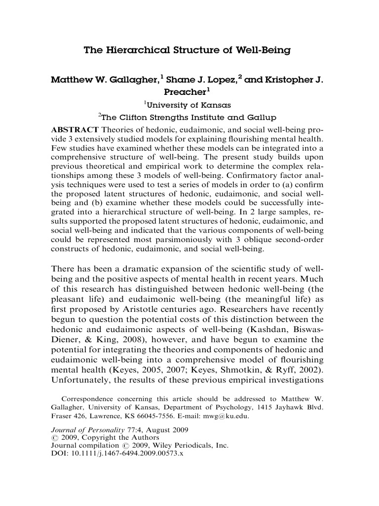Gallagher 2009 - The Hierarchical Structure of Well Being | PDF
