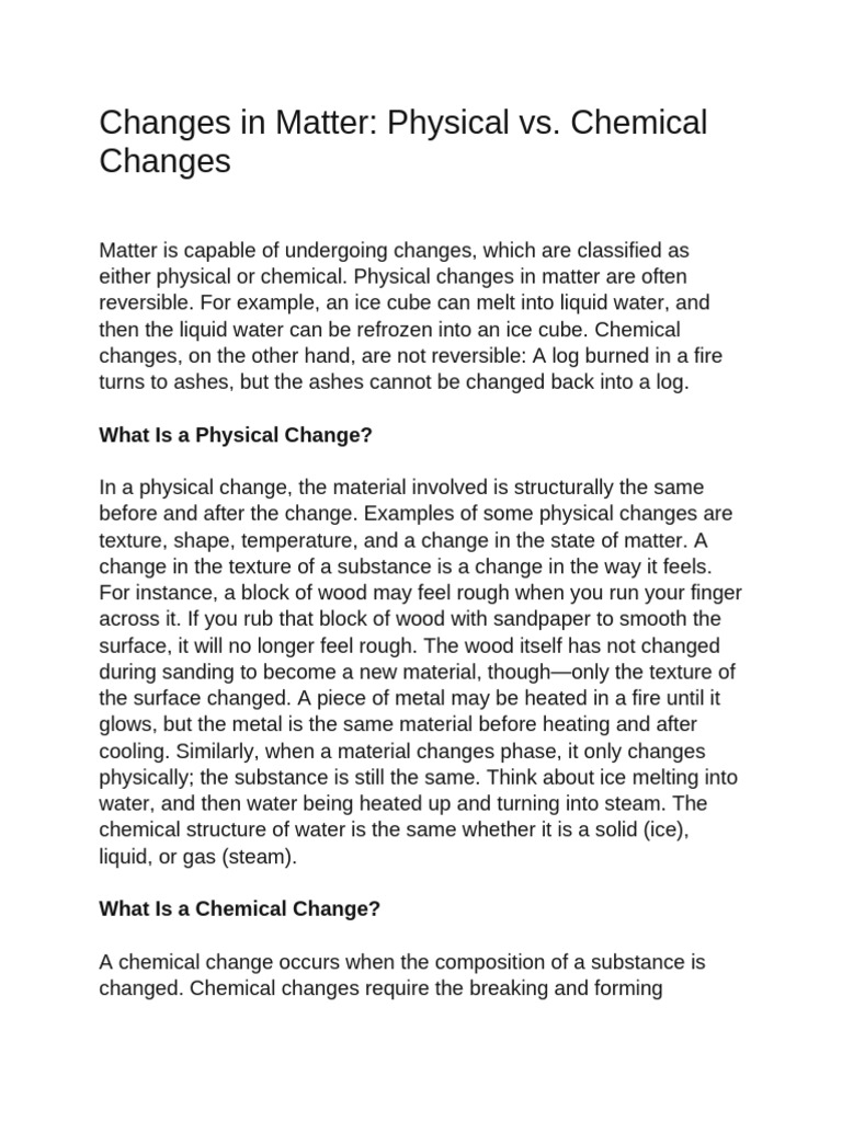 Changes in Matter Physical Vs Chemical Changes | PDF | Chemistry ...