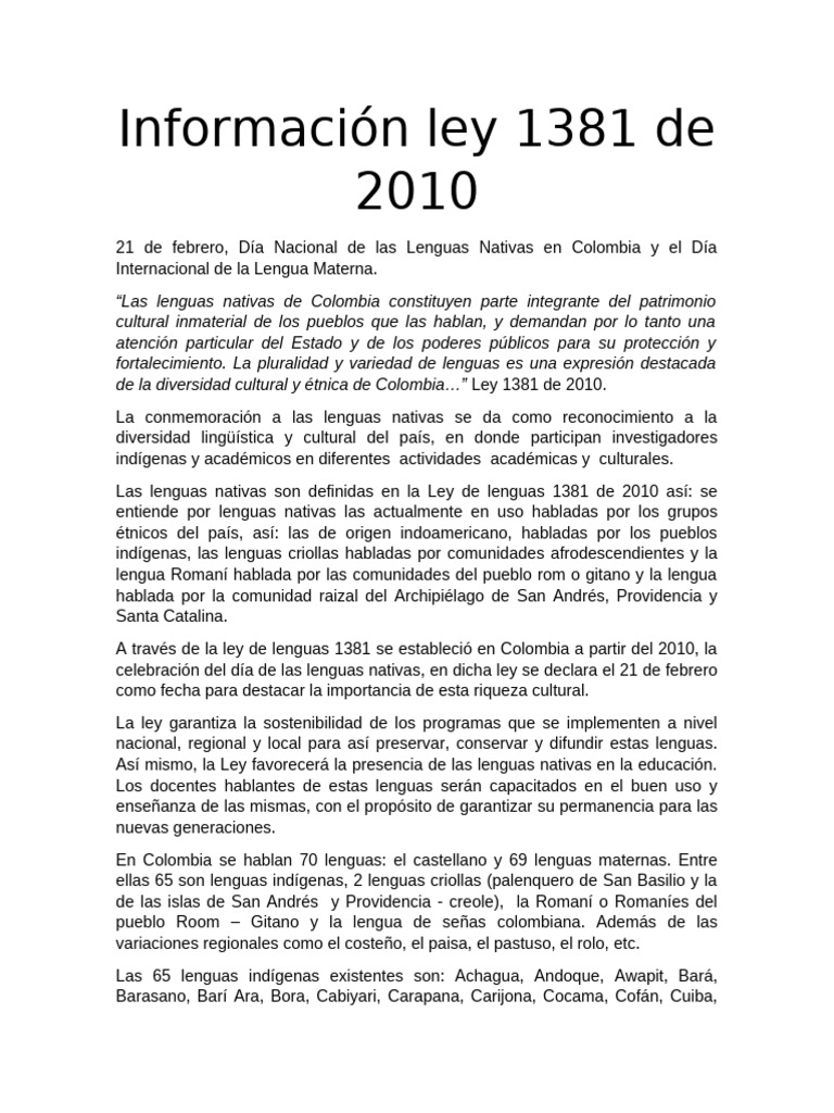 Información Ley 1381 de 2010 | PDF