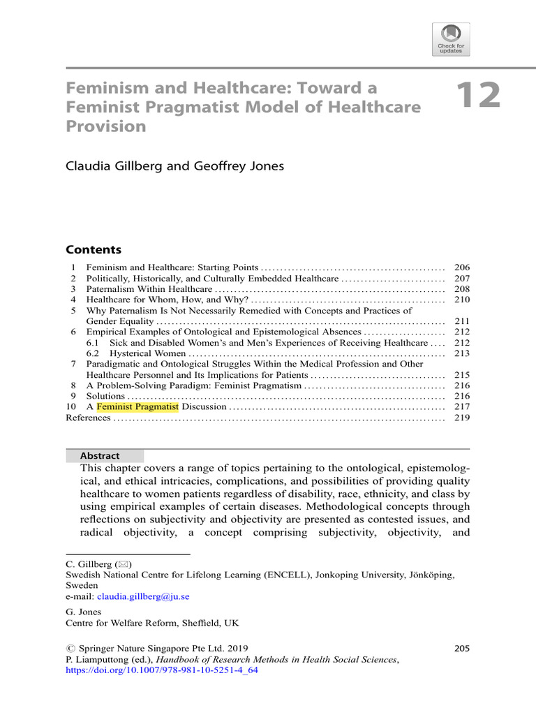 Feminism and Healthcare: Toward A Feminist Pragmatist Model of ...