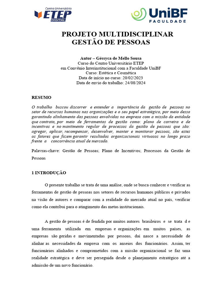 Projeto Multidisciplinar - Gestão de Pessoas - Géssyca Mello | PDF