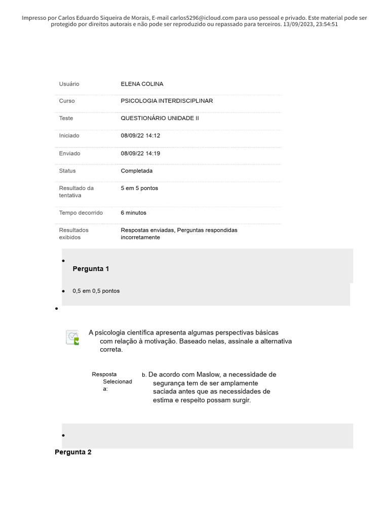 QUESTIONÁRIO 2 PSICOLOGIA INTERDISCIPLINAR _ Passei Direto | PDF