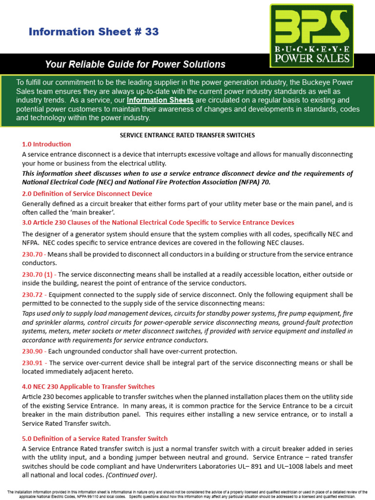 Service Entrance Rated Transfer Switches BPS 33 | PDF