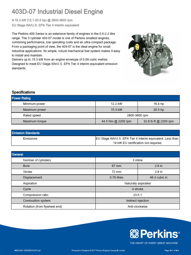 403D-07 Industrial Diesel Engine: Specifications | PDF