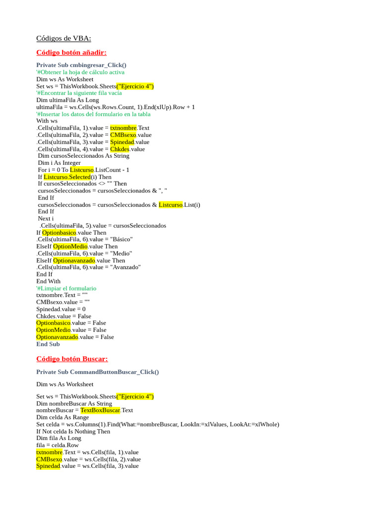 Codigos VBA para Ejercicio 9 | PDF