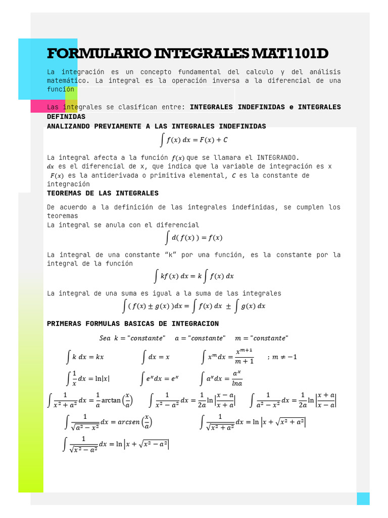 Formulario Tablas de Integrales Mat1101d | PDF