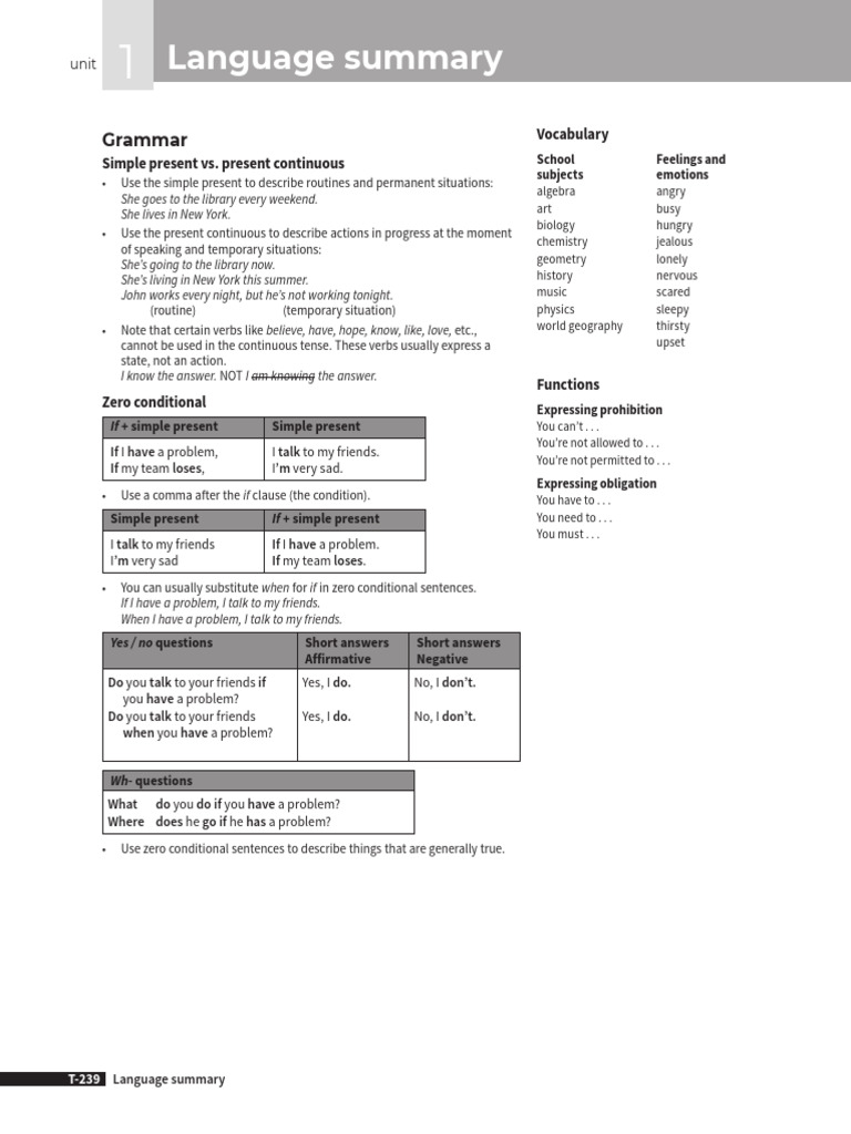 Four Corners Level 3 Unit 1 Language Summary | PDF
