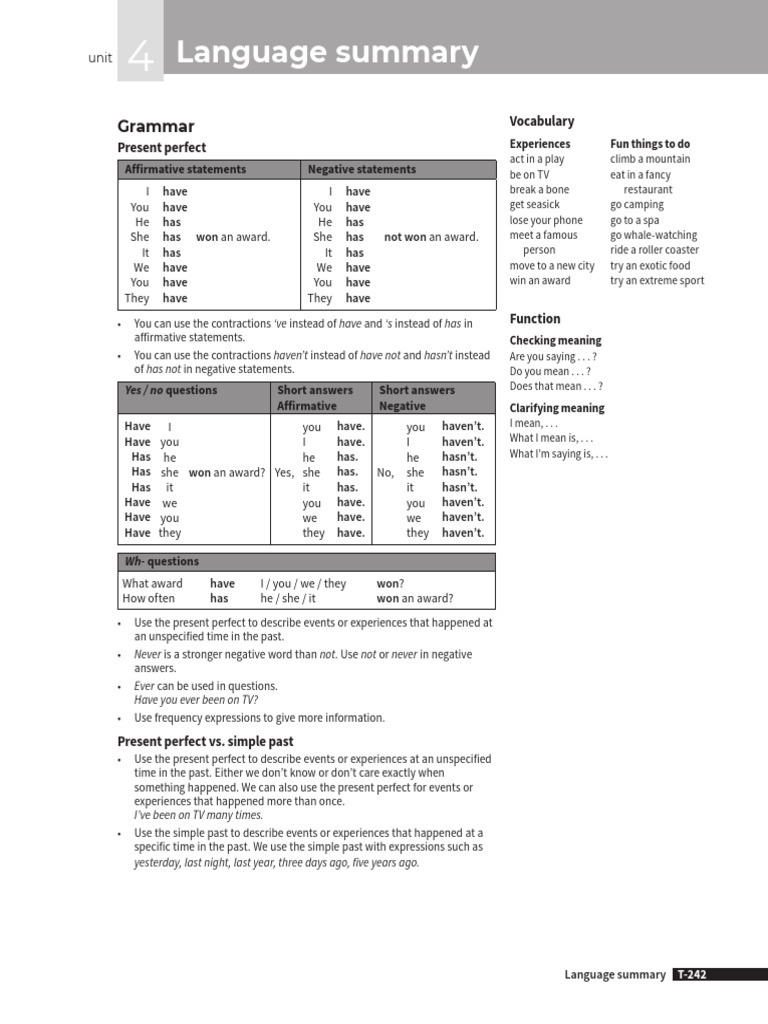 Four Corners Level 3 Unit 4 Language Summary | PDF