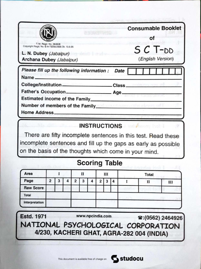 SCT Test Booklet - Updated | PDF
