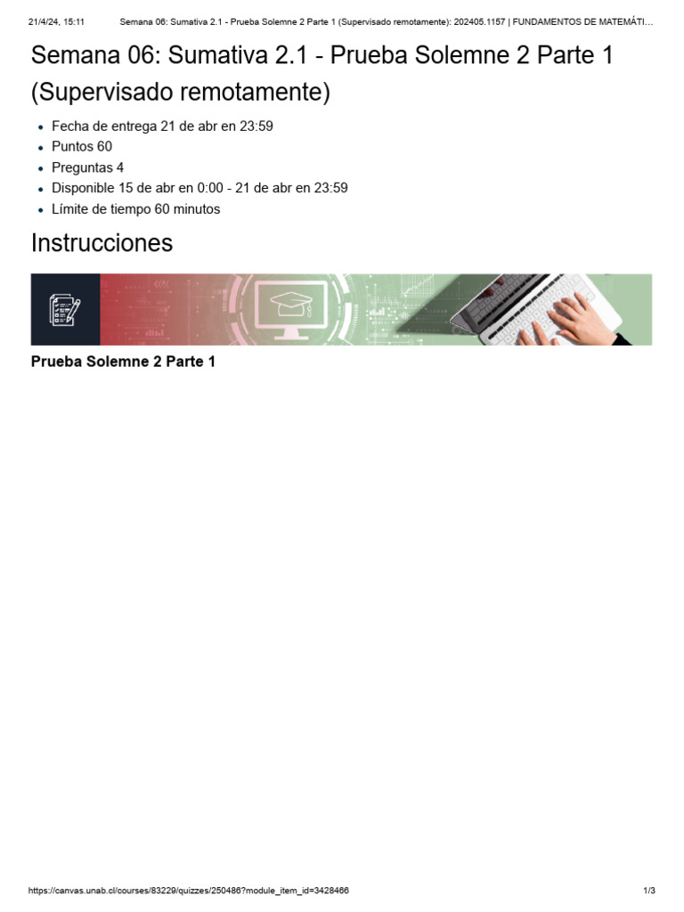 Semana 06 - Sumativa 2.1 - Prueba Solemne 2 Parte 1 (Supervisado Remotamente) | PDF