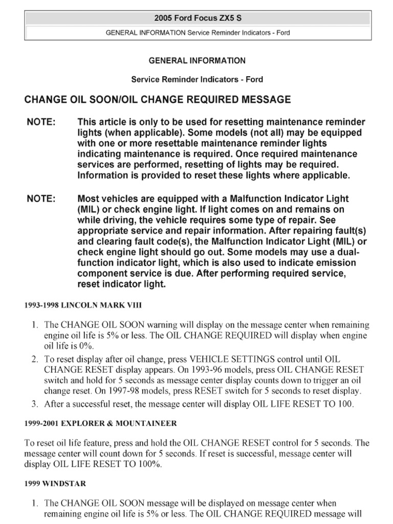 Focus mk1 Service Reminder Lights | PDF