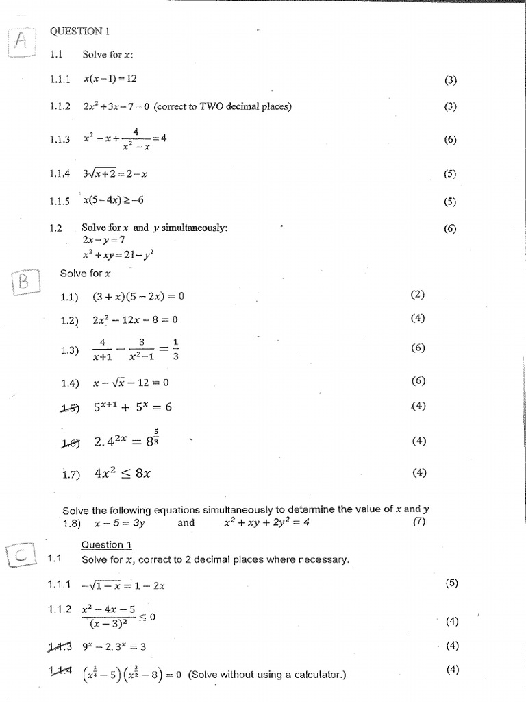 Equations Questions A To I Pdf