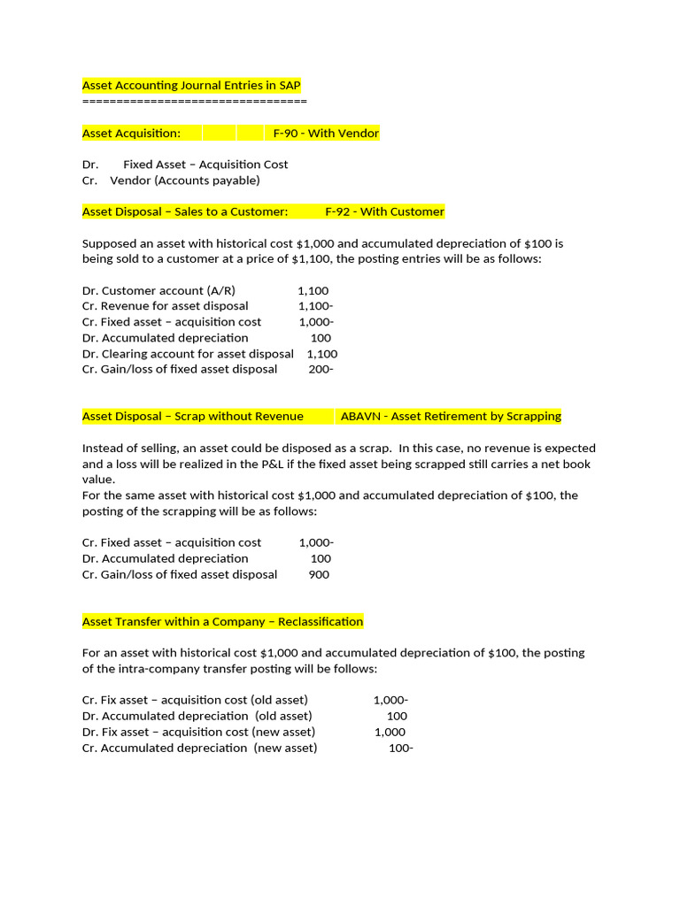 Asset Accounting Journal Entries in SAP | PDF