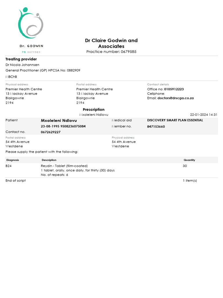 MXOLELENI NDLOVU - Prescription - 22012024 | PDF