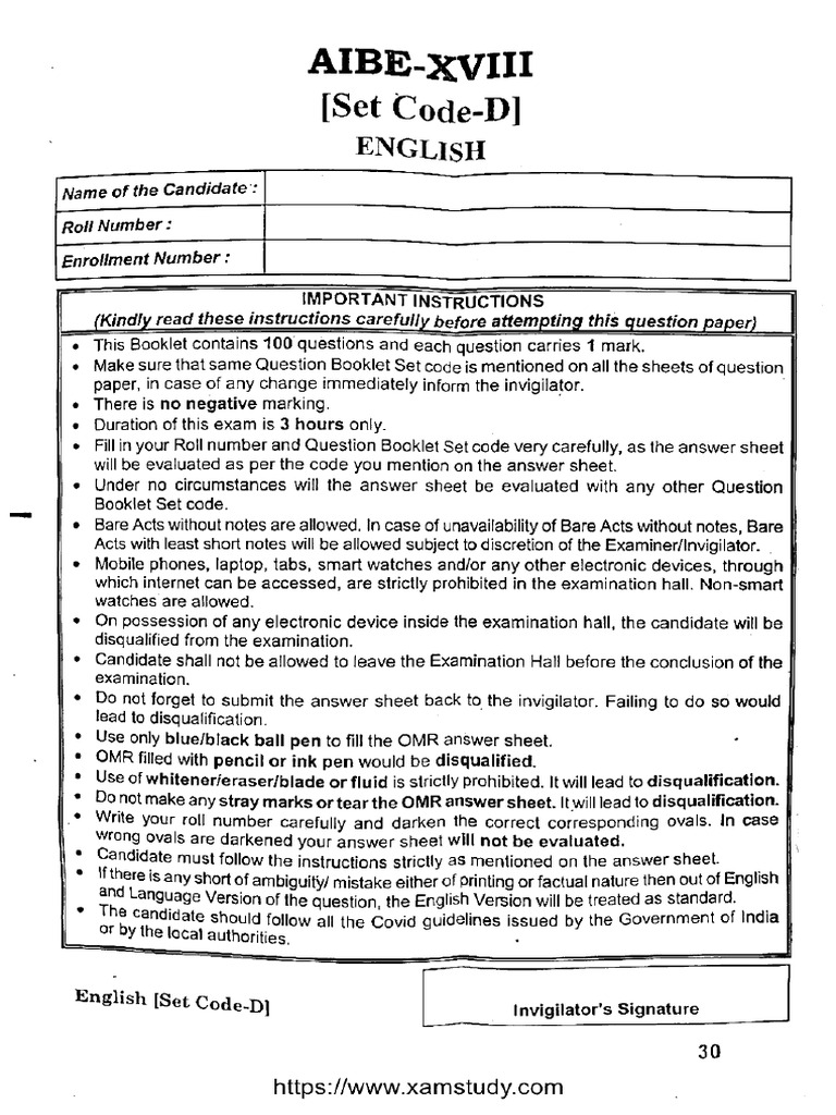 Aibe Question Paper 18 Set D English | PDF